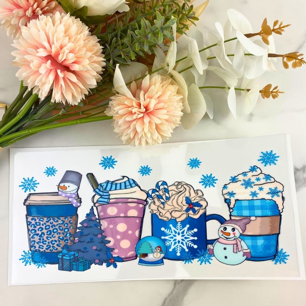 Blue Snowman Coffee Cup | 16 Oz UV DTF Wrap - HKS Custom Designs