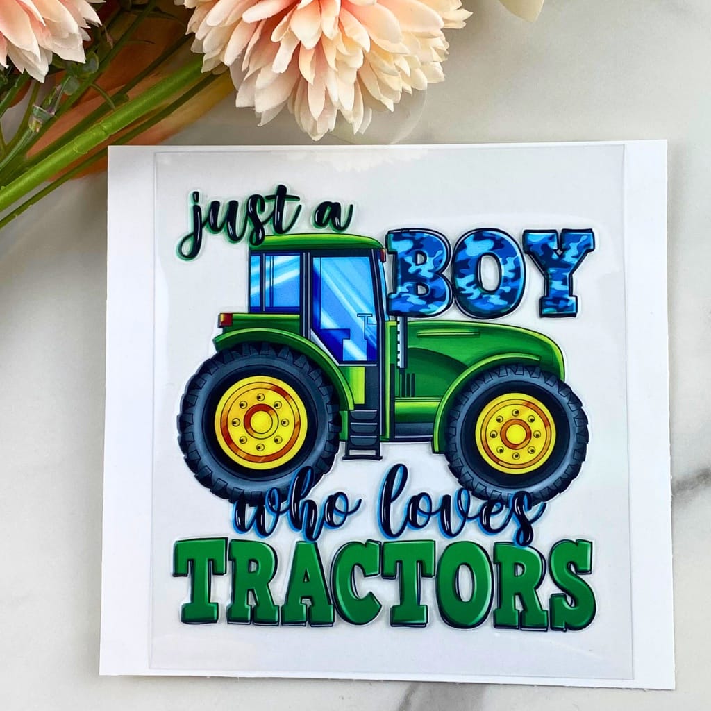 Just A Boy Who Loves Tractors | 4″ UV DTF Decal - HKS Custom Designs
